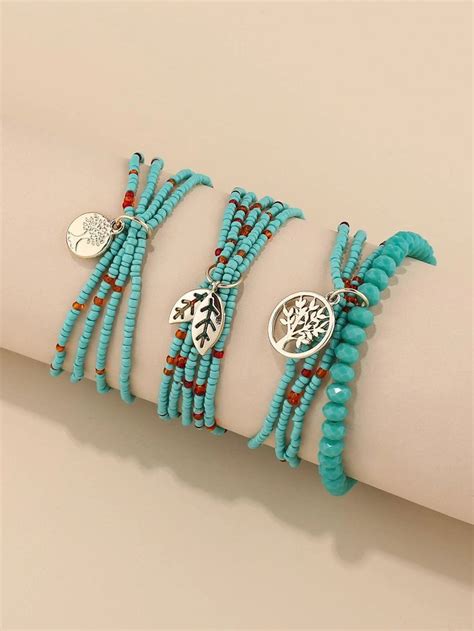 3 Peças De Pulseira De Contas Em Camadas De Encanto De Folha Pulseiras Artesanais Jóias