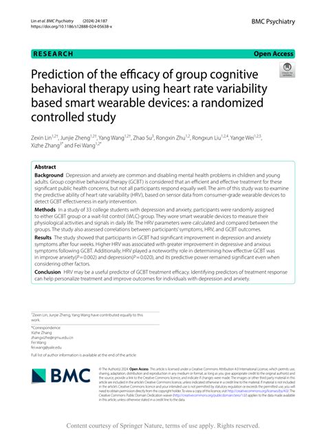 Pdf Prediction Of The Efficacy Of Group Cognitive Behavioral Therapy Using Heart Rate