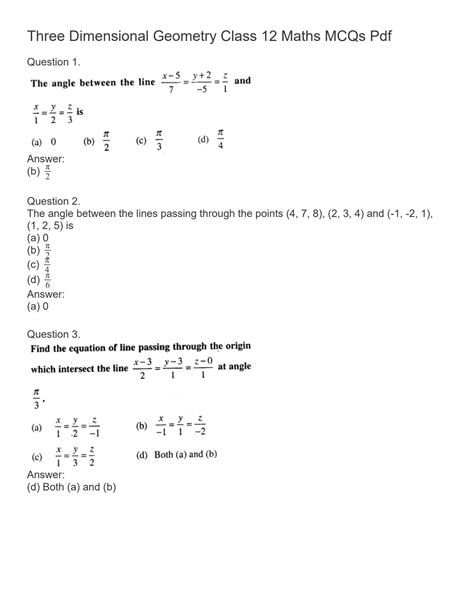 Solution Maths Mcqs For Class 12 With Answers Chapter 11 Three