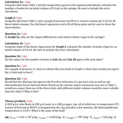 Calculation 2a 2 Pts Using The Data From Table 1 And