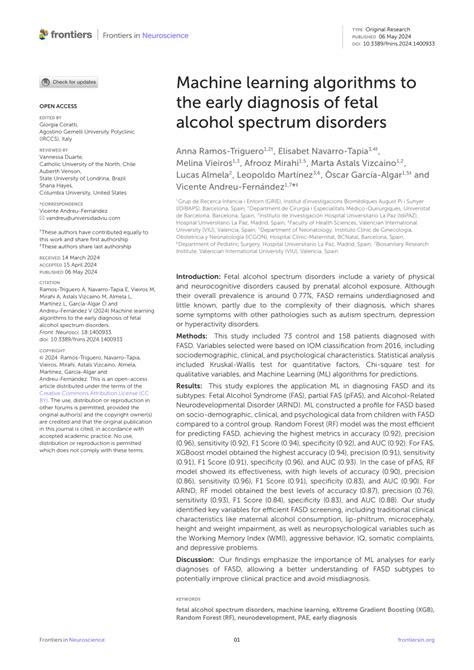 Pdf Machine Learning Algorithms To The Early Diagnosis Of Fetal Alcohol Spectrum Disorders