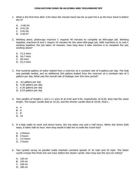 Evaluation Exam In Algebra And Trigonometry Pdf Triangle Elementary Geometry