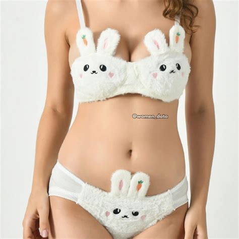 Womens Winter Bunny Fur Bra Panty Set Soft Plush Rabbit Lingerie Wi
