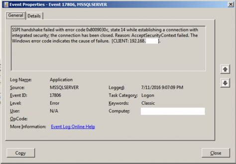Error 17806 Severity 20 State 14