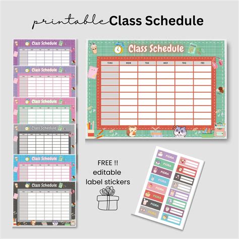 Kawaii Cute Class Schedule School Timetable Printable 7 Colors With
