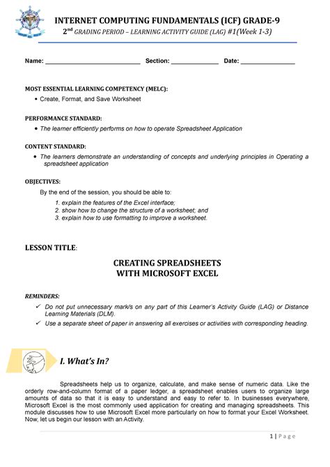 2nd Gp Icf 9 Lag1week 1 3 Melc 1 Creating Spreadsheets With Microsoft Excel
