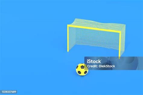 노란색 축구 공과 파란색 배경에 그물과 골 포스트 취미와 레저를위한 게임 국제 토너먼트 챔피언십 스포츠 장비 공간을 복사합니다 3d 렌더 3차원 형태에 대한 스톡 사진 및