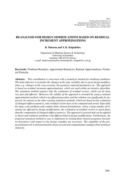 Pdf Reanalysis For Design Modifications Based On Residual Increment Approximations