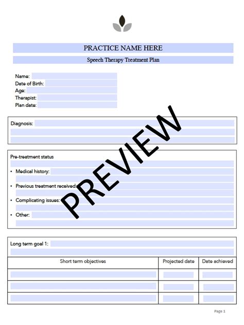 Speech Therapy Treatment Plan Template Editable Fillable Printable