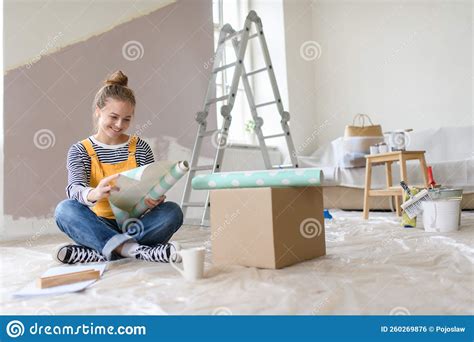 Happy Young Woman Having Break During Renovation Her Aparatment