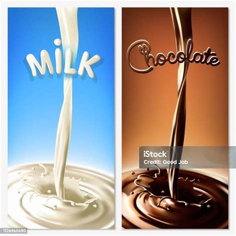 현실적인 스플래시 흐르는 우유 그리고 초콜릿 블루와 갈색 배경에 격리 된 벡터 디자인 요소 3차원 형태에 대한 스톡 벡터 아트 및 기타 이미지 Istock