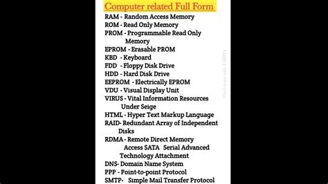 Computer Related Full Form Ll Ram Rom Prom Eeprom Virus Html Shorts
