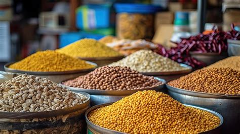 Un Puesto En El Mercado Con Diferentes Tipos De Comida Foto Premium