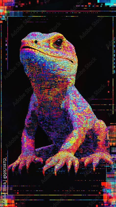 Colorful Pixel Art Monitor Lizard In A Threatening Pose In Glitch Art Style On A Black