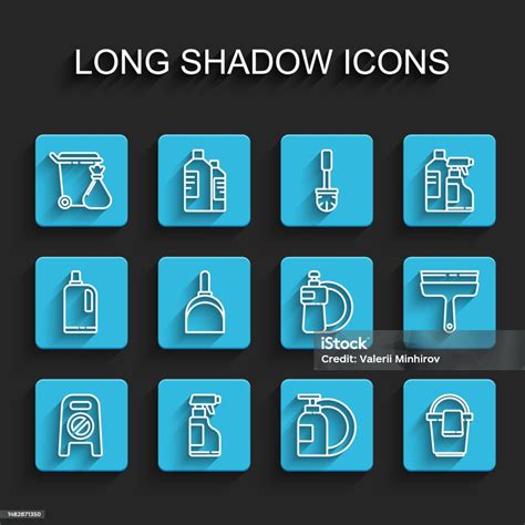 세트 라인 젖은 바닥 및 청소 진행 중 세제 액체 스프레이 병 쓰레기통 쓰레기 봉투 식기 세척 접시 양동이 걸레 쓰레받기 창문용 고무 클리너 및 아이콘 벡터 가정 생활에