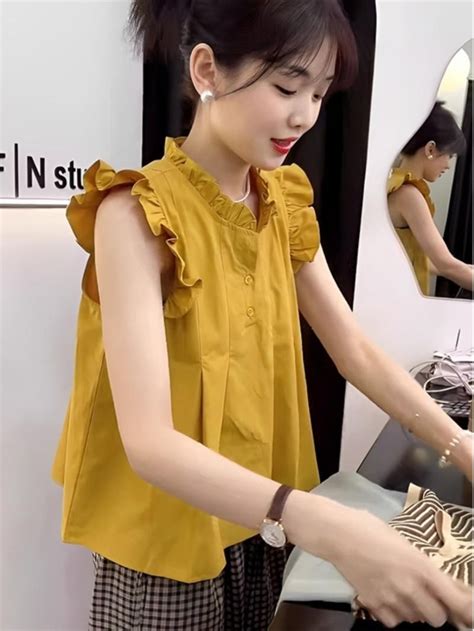 小個子飛飛袖襯衫 上衣 襯衫 襯衣 無袖打底衫 休閒法式襯衫 減齡上衣 木耳邊上衣女 正韓服飾 日係衣服 夏天衣服 蝦皮購物