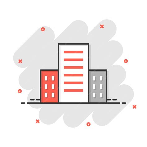 만화 스타일의 건물 아이콘 격리된 흰색 배경에 있는 타운 초고층 아파트 만화 벡터 일러스트 레이 션 시티 타워 스플래시 효과 비즈니스 개념 프리미엄 벡터