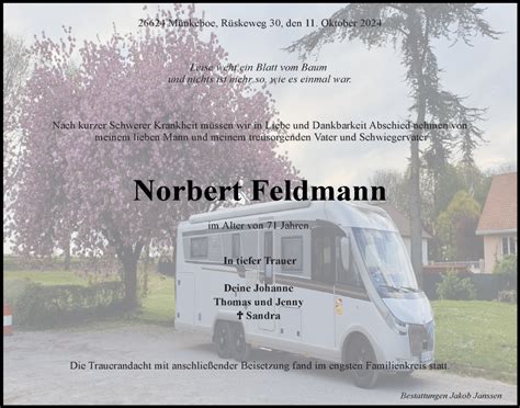 Traueranzeigen Von Norbert Feldmann Nordwest Trauerde