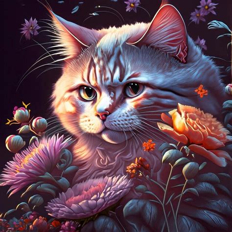 Premium Ai Image Cat With Flowers Ai