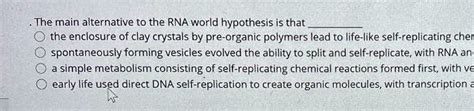 SOLVED The Main Alternative To The RNA World Hypothesis Is That The Enclosure Of Clay Crystals