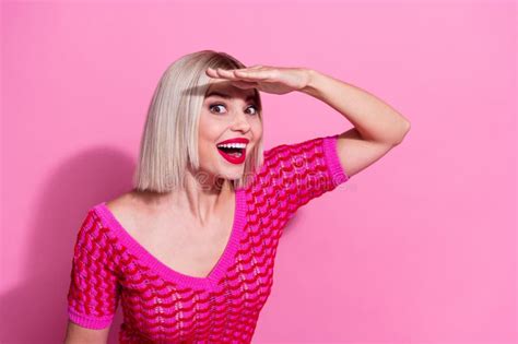 Portrait Of Gorgeous Impressed Girl Open Mouth Arm Forehead Empty Space