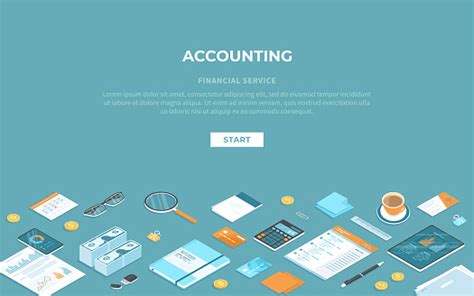 회계 개념입니다 재무 분석 계획 분석 통계 데이터 분석 연구 사무용품 서류 태블릿 전화 캘린더 계산기 보고서 커피 아이소메트릭 3d 벡터 데스크탑 컴퓨터에 대한 스톡 벡터