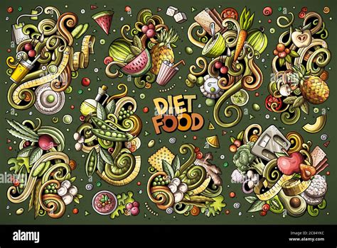 Vector Doodles Cartoon Set Of Diet Food Combinations Of Objects And Elements Stock Vector Image