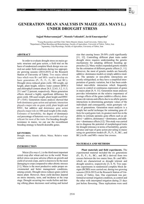 Pdf Generation Mean Analysis In Maize Zea Mays L Under Drought Stress