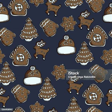 어두운 배경에 흰색 착빙귀여운 진저 브레드 집 모양의 패스트리 눈송이 장갑 모자 사슴과 나무 벡터 손 그리기 그림 0명에 대한 스톡 벡터 아트 및 기타 이미지 Istock