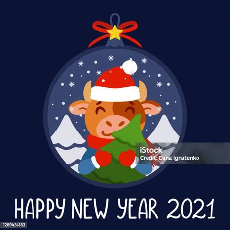 나무와 이미지 황소와 크리스마스 공 전나무 나무로 소 2021년 중국 설날의 상징 Xmas 인사말 카드 포스터 디자인 귀여운 캐릭터와 벡터 일러스트 손으로 그린 글자 인용
