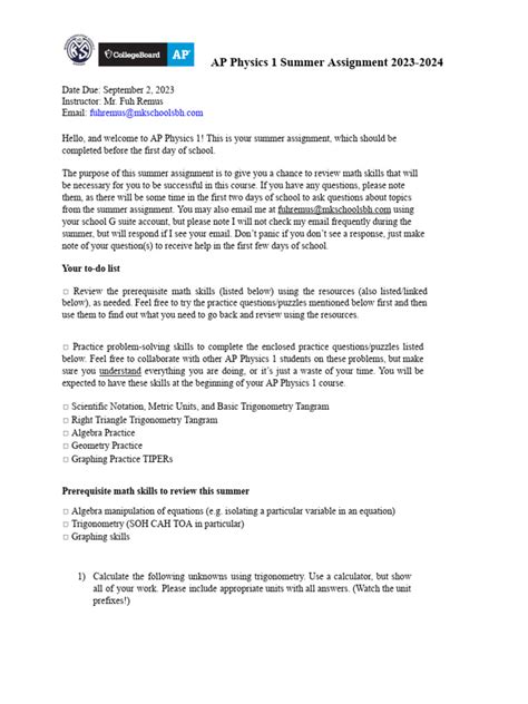 Ap Physics 1 Summer Assignment Pdf Force Acceleration