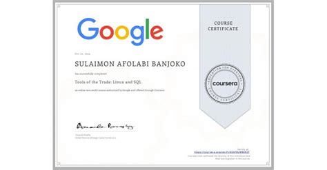 afolabi banjoko on linkedin completion certificate for tools of the trade linux and sql