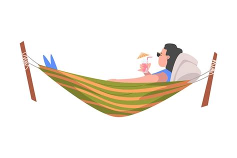 Premium Vector Woman Lying In Hammock And Drinking Cocktail Vector