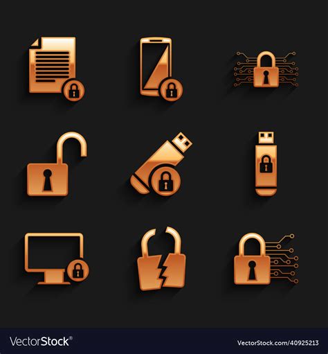 Set Usb Flash Drive With Lock Broken Or Cracked Vector Image