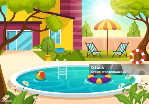 여름 방학 풍경 개념이 있는 수영장 벡터 그림과 플랫 만화 손으로 그린 배경 템플릿에서 수영 여름 활동 건강한 생활방식에 대한 스톡 벡터 아트 및 기타 이미지 Istock