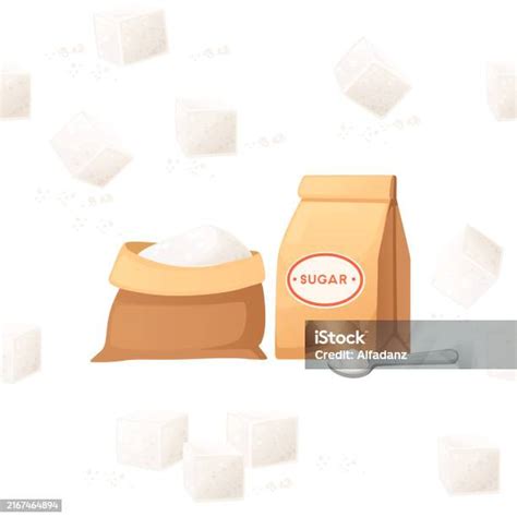 완벽 한 패턴 화이트 큐브와 과립 설탕 종이 봉지에 숟가락 벡터 일러스트 레이 션 흰색 배경 가방에 대한 스톡 벡터 아트 및