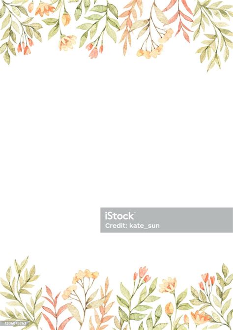 귀여운 꽃 가지 녹색 잎수채화 식물 프레임 녹지 필드 빨간색과 노란색 꽃 플로럴 디자인 요소 초대장 카드 프레임 포스터 포장에 적합 봄에 대한 스톡 벡터 아트 및 기타
