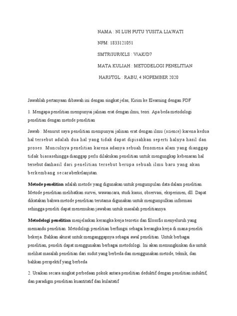 Uas Metodelogi Ni Luh Putu Yusita Liawati 1833121051 Pdf Karier