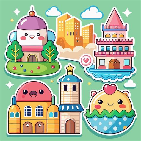 Edificios De Dibujos Animados Con Caras Sonrientes Vector Premium