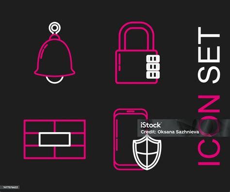 보안 방패 벽돌 안전 조합 잠금 장치 및 울리는 벨 아이콘이있는 스마트 폰을 설정하십시오 벡터 강철에 대한 스톡 벡터 아트 및 기타 이미지 Istock