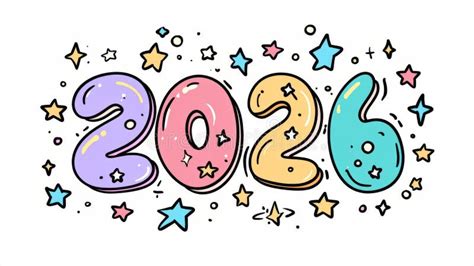 2026 In Playful Cartoon Bubble Font With Sparkles And Stars Isolated On