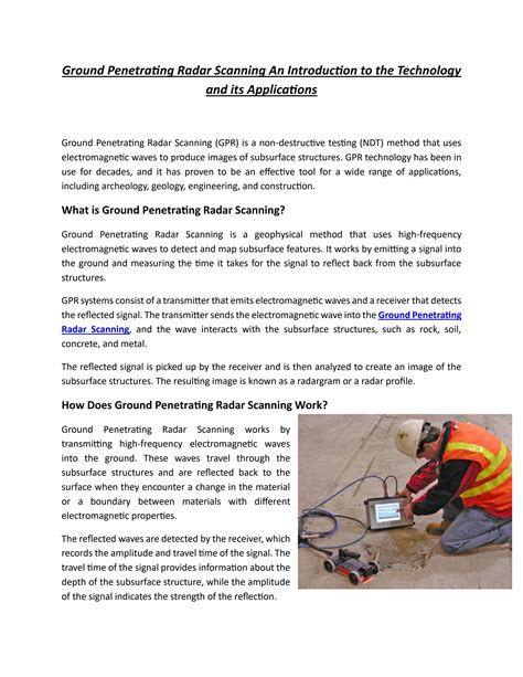Ground Penetrating Radar Scanning An Introduction To The Technology And Its Applications By