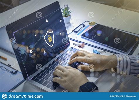 Person Using A Laptop Computer With Data Protection Cyber Security Information Safety And