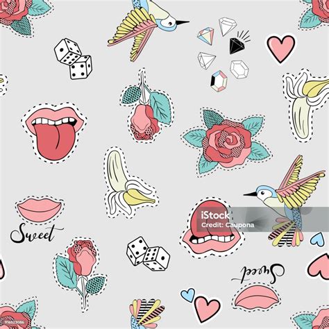 여자 패션 패치 완벽 한 패턴의 벡터 그림 자 수 의류 배지 쉐 브 론 T셔츠 인쇄에 대 한 디자인 요소에 대 한 장식 8090 년대 만화 스타일 공주에 대한 스톡 벡터