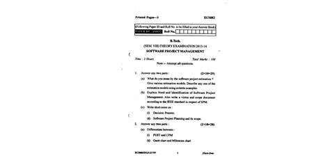 Btech Cs 8 Sem Software Project Management Ecs 082 2014 Computer