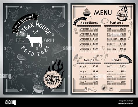 Steakhouse Barbecue Grill Bar Menu Template A4 Card Steaks