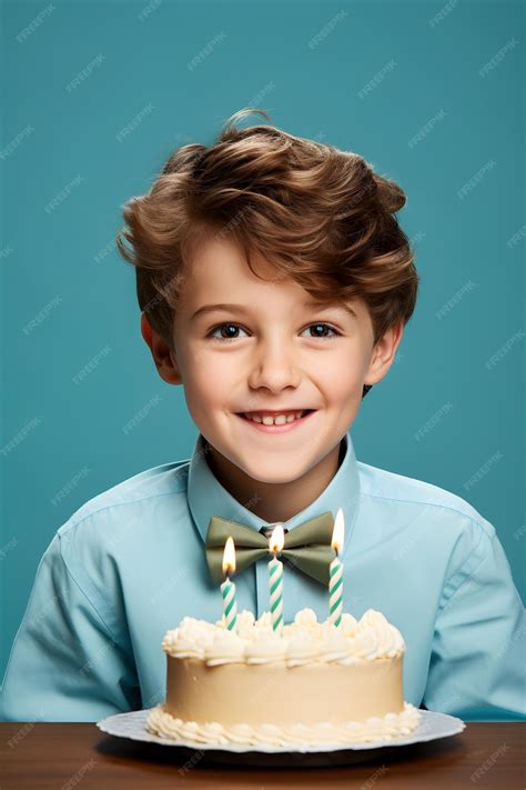 Premium Ai Image Little Boy And A Birthday Cake With Candles On Green