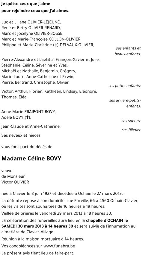 Avis De Décès De Céline Bovy Décédé Le 27 03 2013 à Annonce