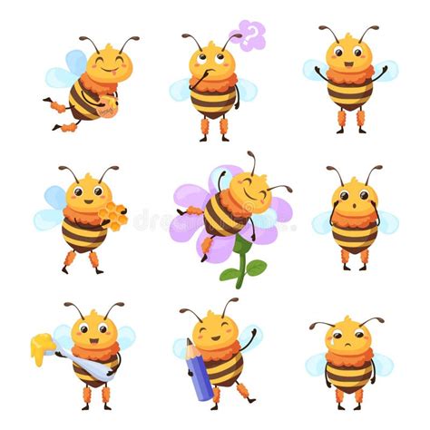 Honey Bees Characters Cartoon Bee Mascot Flying Honeybee Adorable