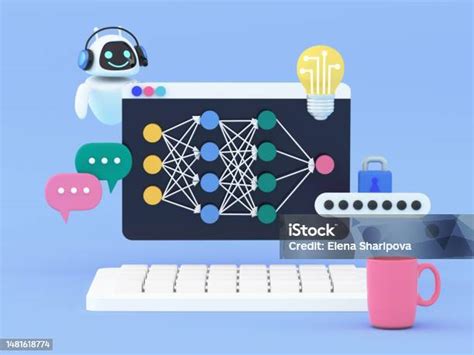 인공 지능 프로그래밍 기계 학습 신경망이 있는 컴퓨터 데스크톱 화면 딥 러닝 그림 개념입니다 Ai 서버 데이터 보안 및 로봇 기술 3d 렌더링 그림 아이콘에 대한 스톡 사진